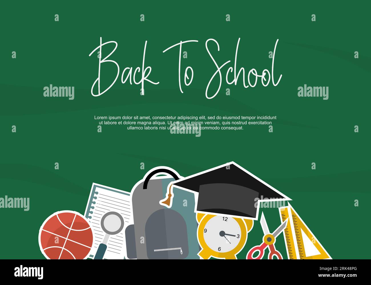 Back to school education background with basketball, book, bag, clock ...