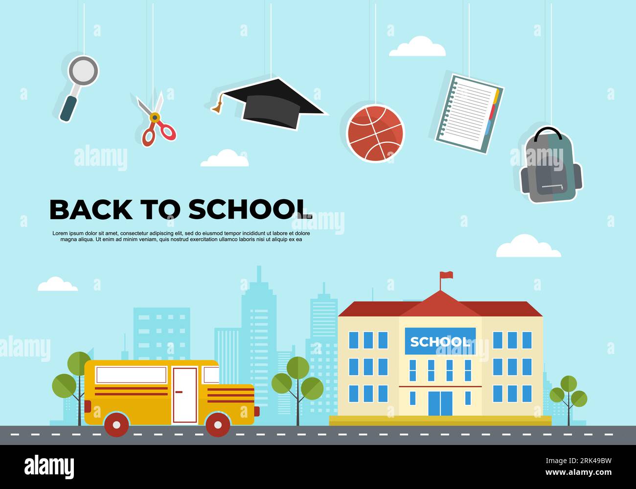 Back to school education background with school building, bus and ...
