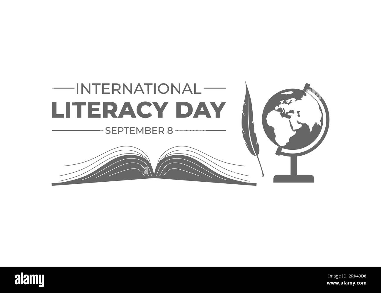 International literacy day banner poster with feather, opened book and globe on white color ...