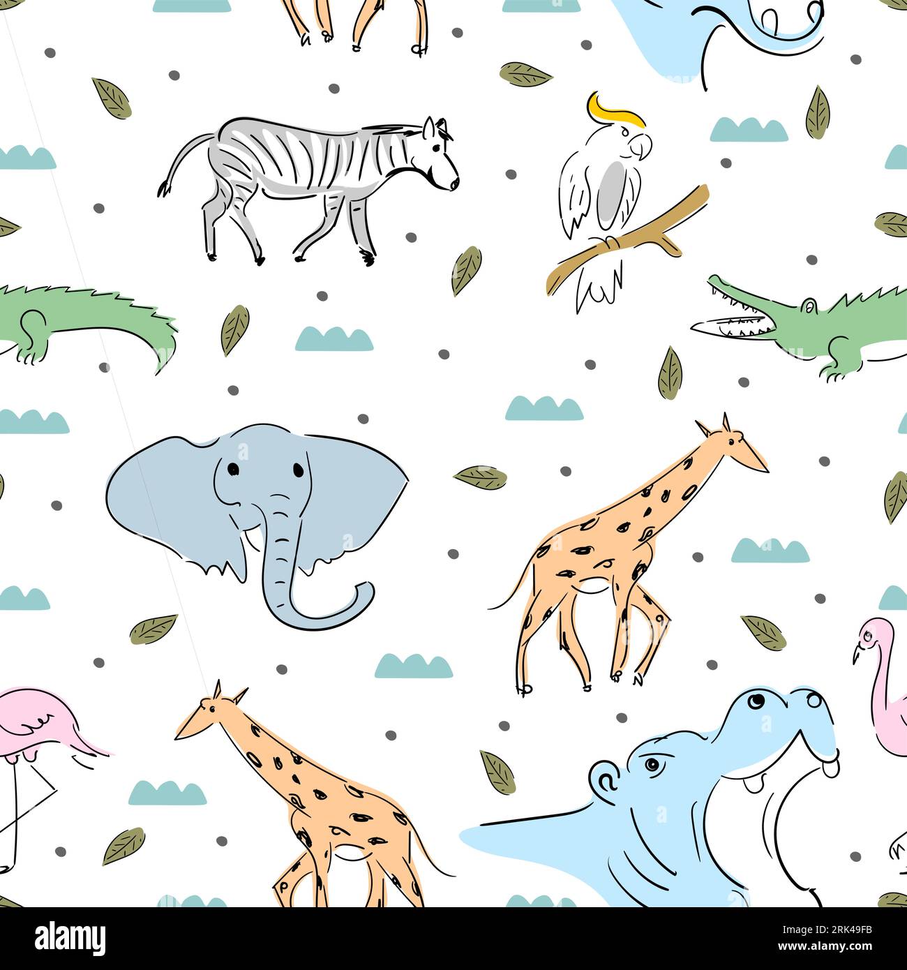 Hand drawn seamless pattern of zoo animals like crocodile, elephant ...
