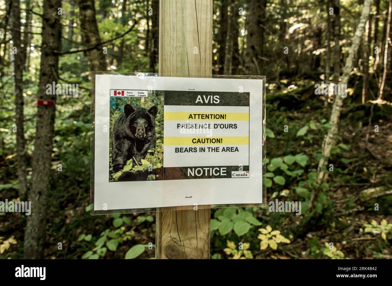 Warning sign telling hikers to be Bear Aware in La Mauricie National ...