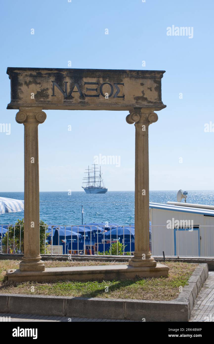 view of the blue sea from Giardini Naxos in Sicily, Italy Stock Photo ...