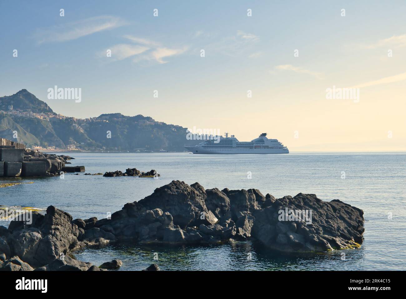 Sea bay in Giardini Naxos overlooking Taormina, Sicily, Italy Stock ...