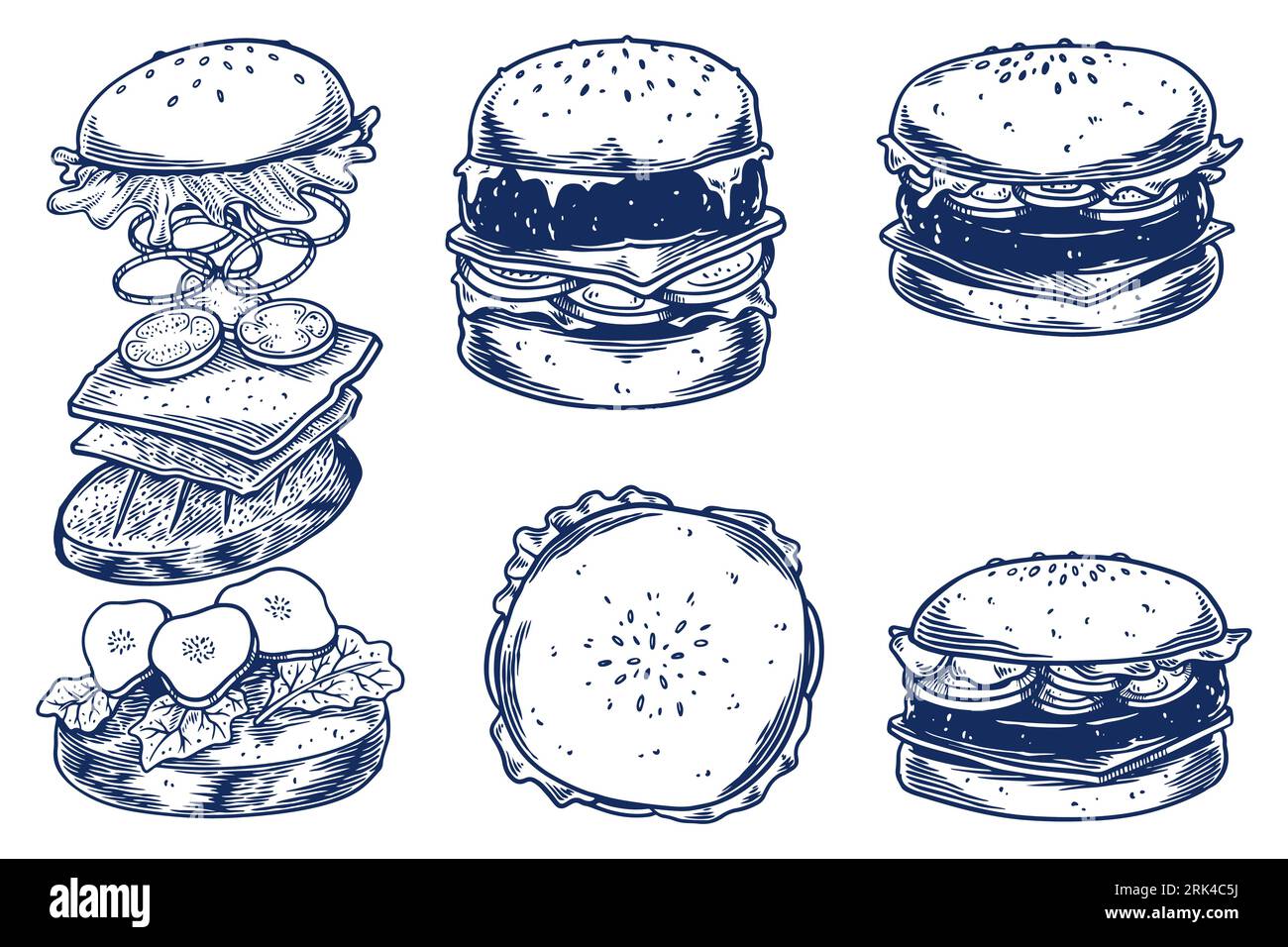 Food engraving hand drawing set of hamburger isolated on white ...