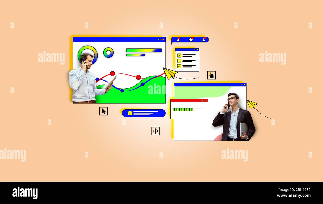 Businessmen, employees talking on mobile phone, discussing projects and ...