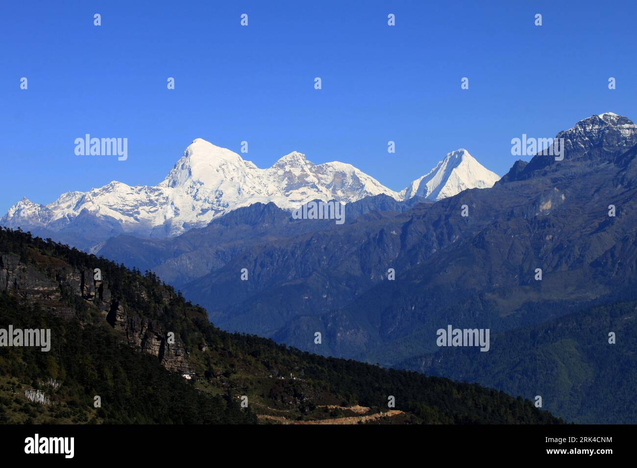 The majestic snow-capped Mount Chomolhari seen from Chele La Stock ...