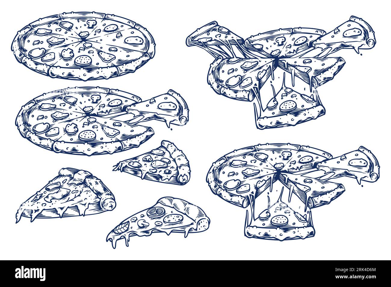 food engraving hand drawing set of four pizza isolated on white ...