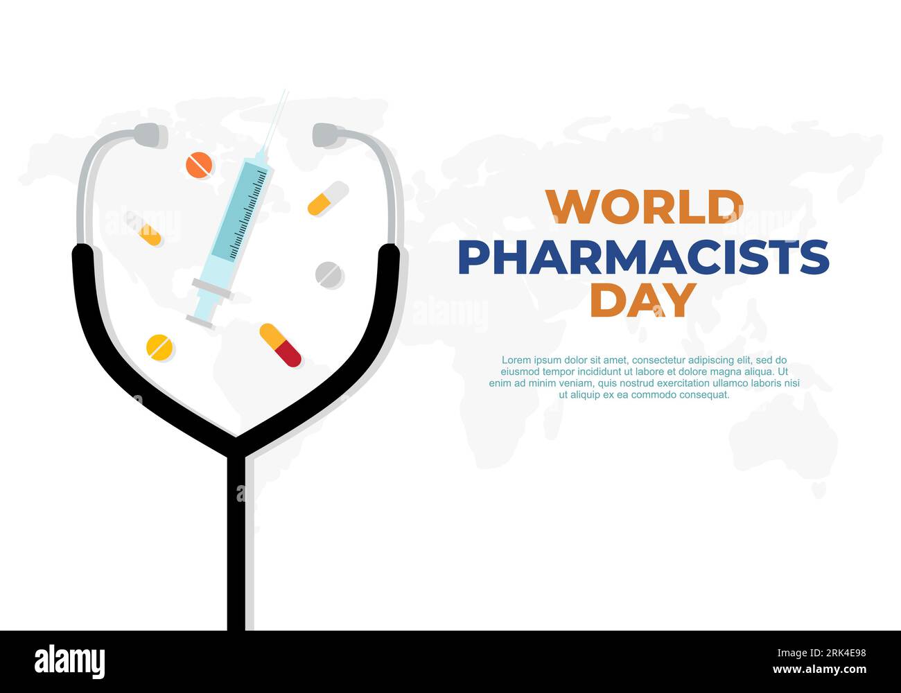 World pharmacists day background with stethoscope, injection and drugs ...