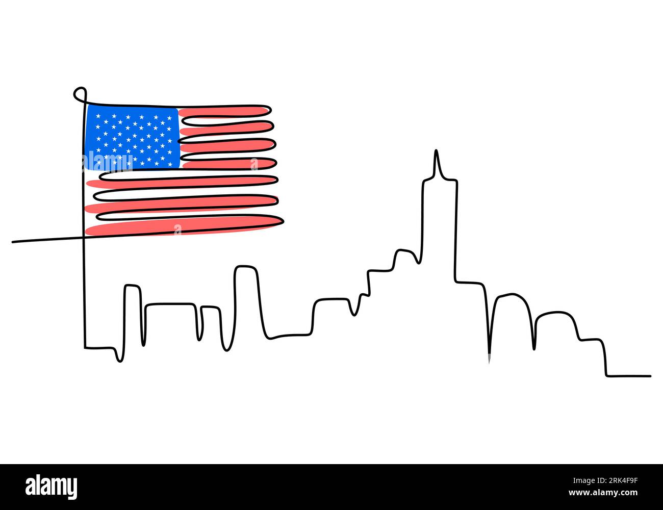 One continuous single line of patriot day with cityscape and american ...