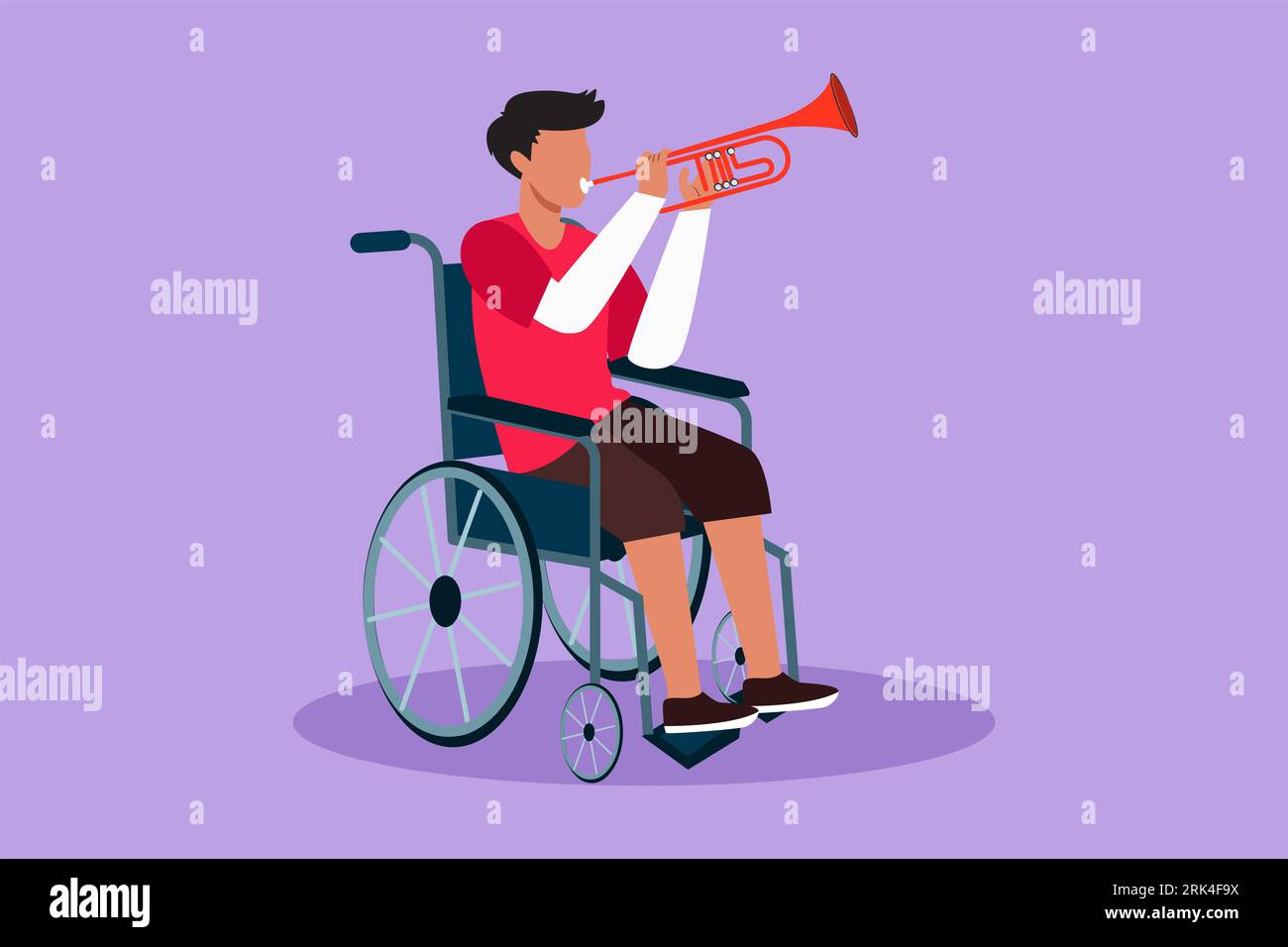 Graphic flat design drawing handsome male in wheelchair playing trumpet ...