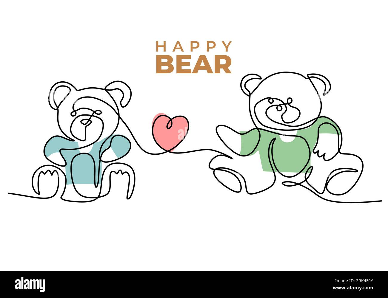 One continuous single line of two teddy bears in love isolated on white ...