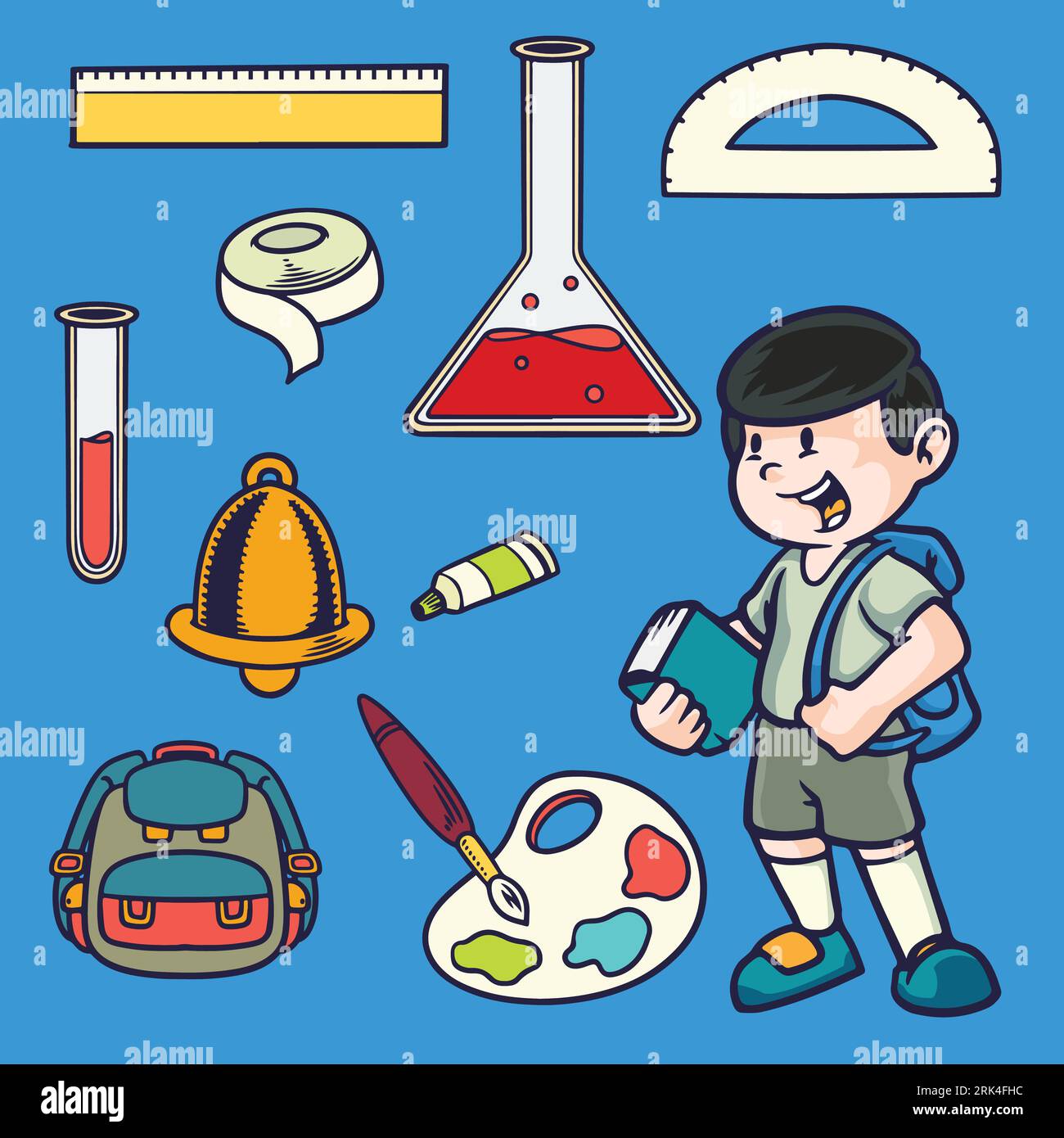 Hand drawn children cartoon activities of students boy and study stuffs ...