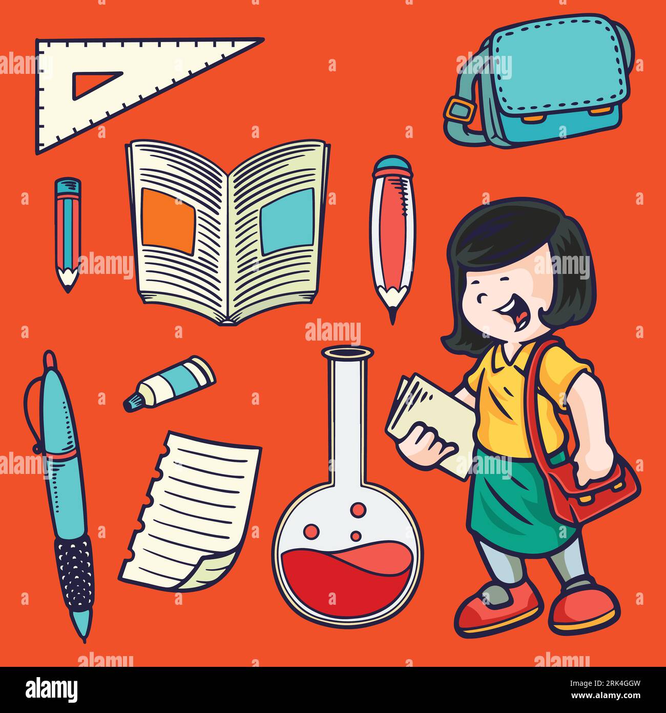 Hand drawn children cartoon activities of students girl and study ...