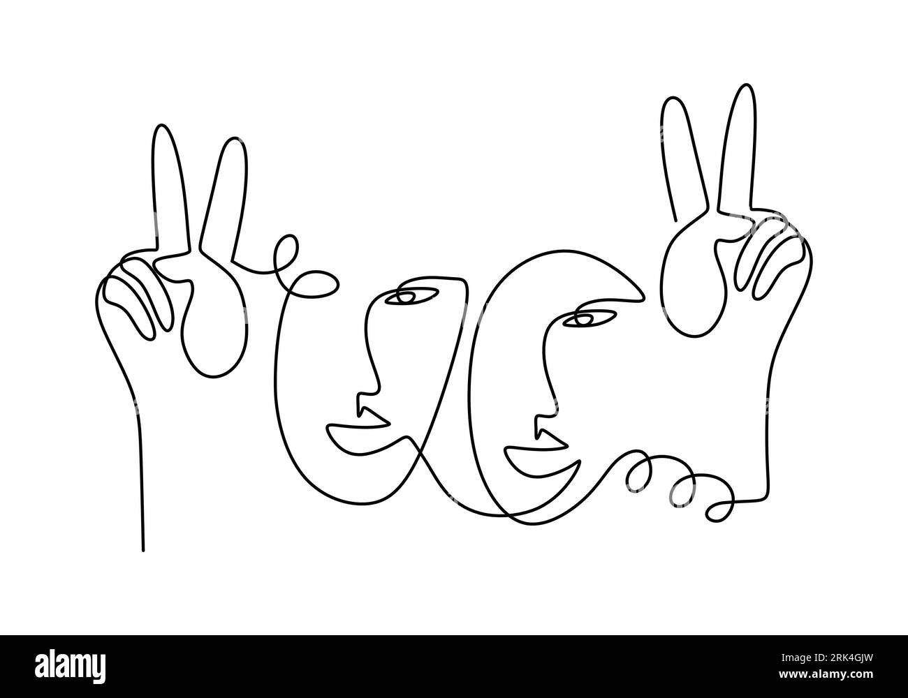 One continuous single line of couple hand peace isolated on white ...