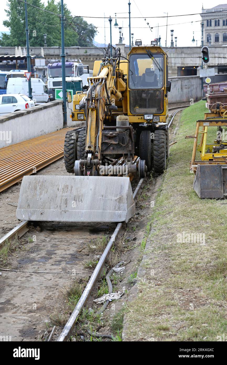 Train Tracks Replacement Excavator Work at Railroad in City Stock Photo ...
