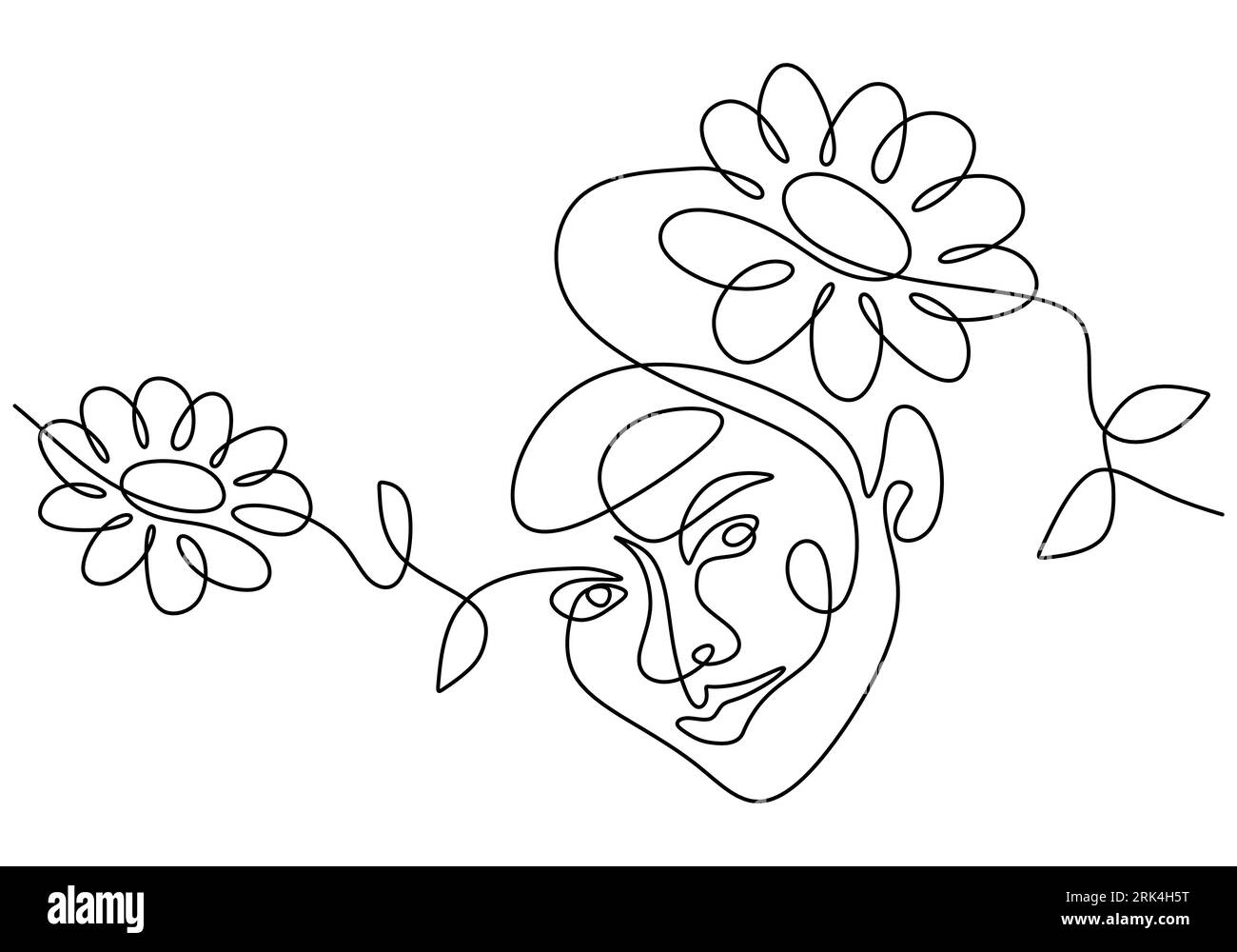 Hand drawing one line woman surreal face and flower isolated on white ...