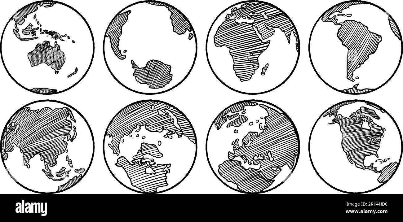 Hand drawing of eight globe earth sketch isolated on white background ...