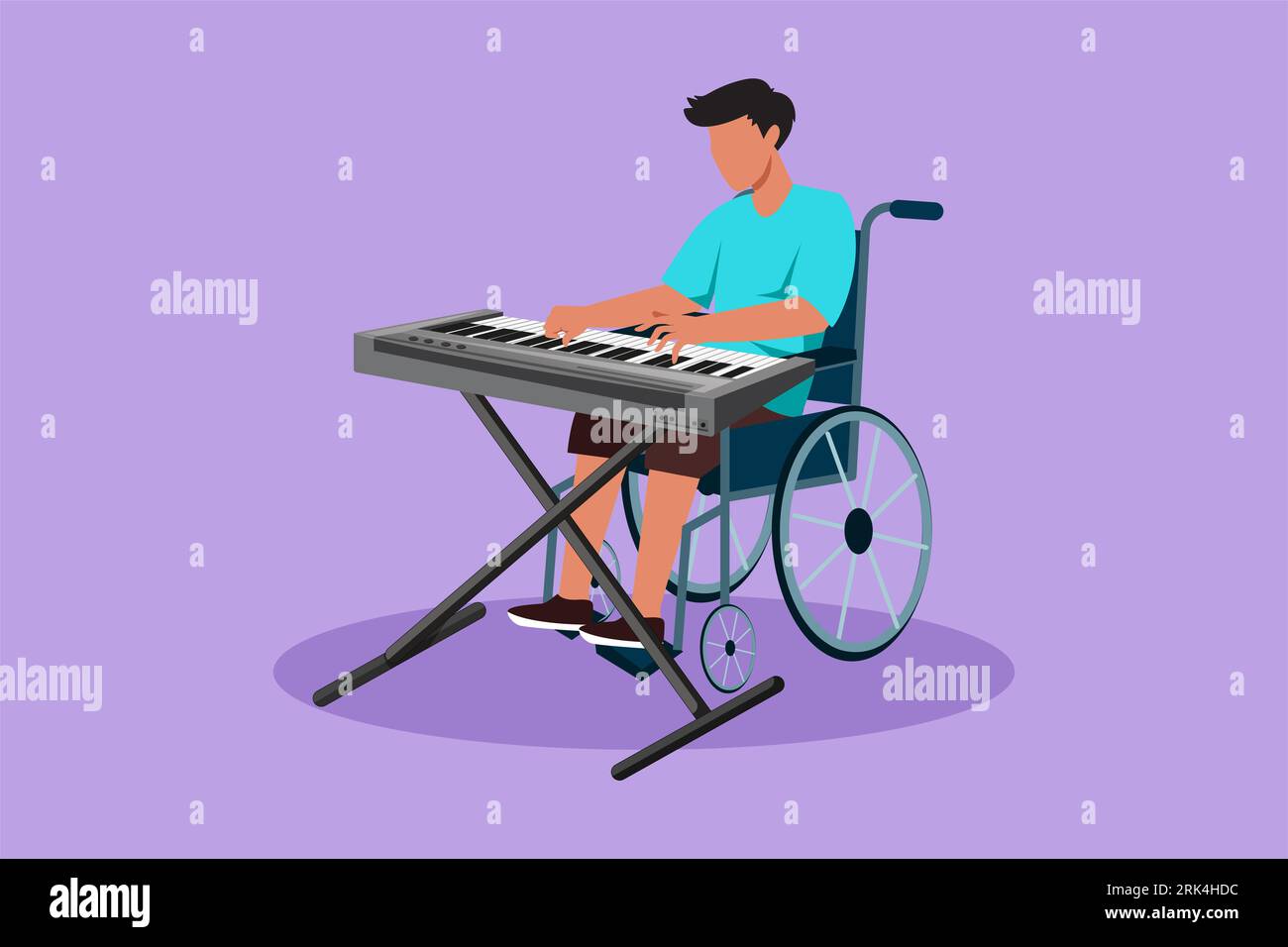 Graphic flat design drawing male keyboardist sit wheelchair playing ...