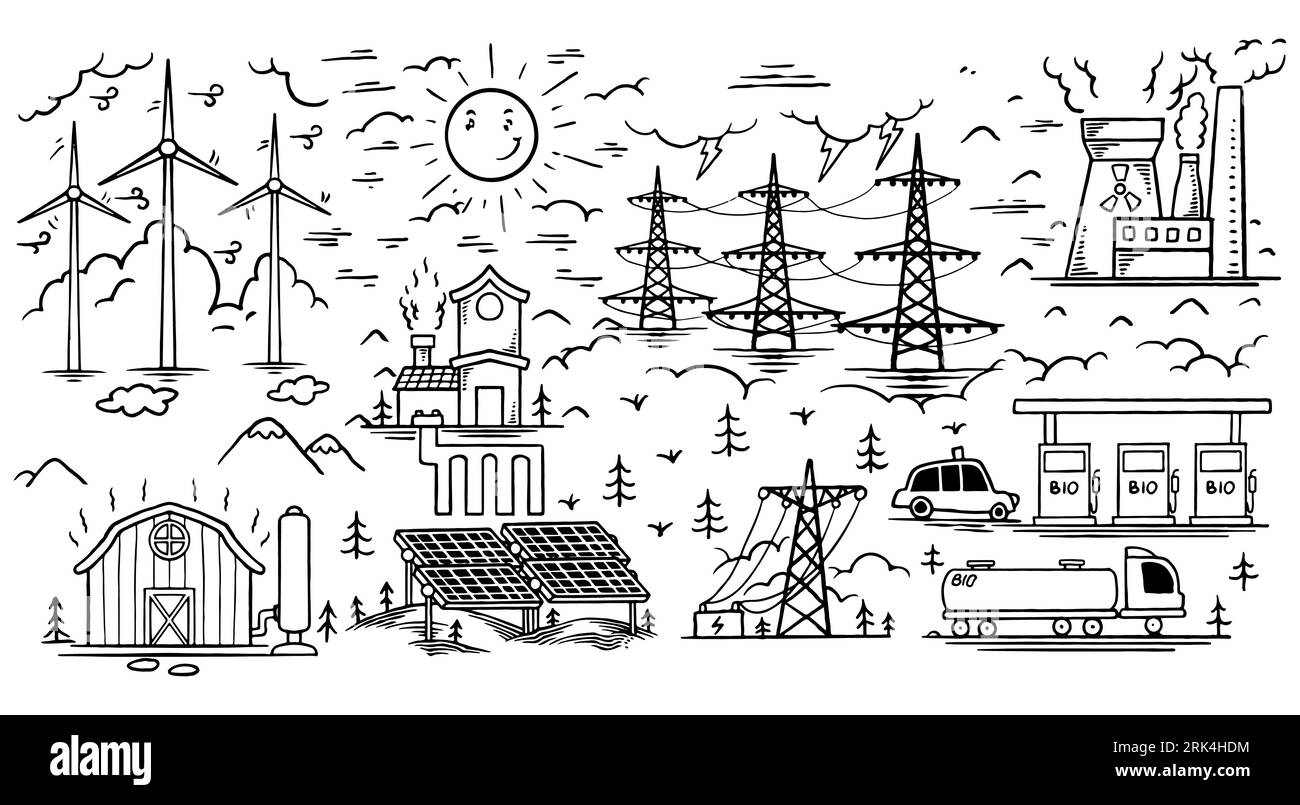 Hand drawn ecology doodle icon set of renewable energy isolated on ...