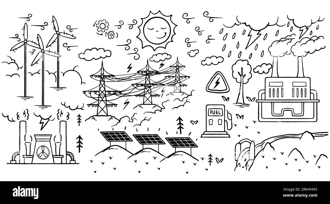 Hand drawn ecology doodle icon set of renewable energy isolated on ...