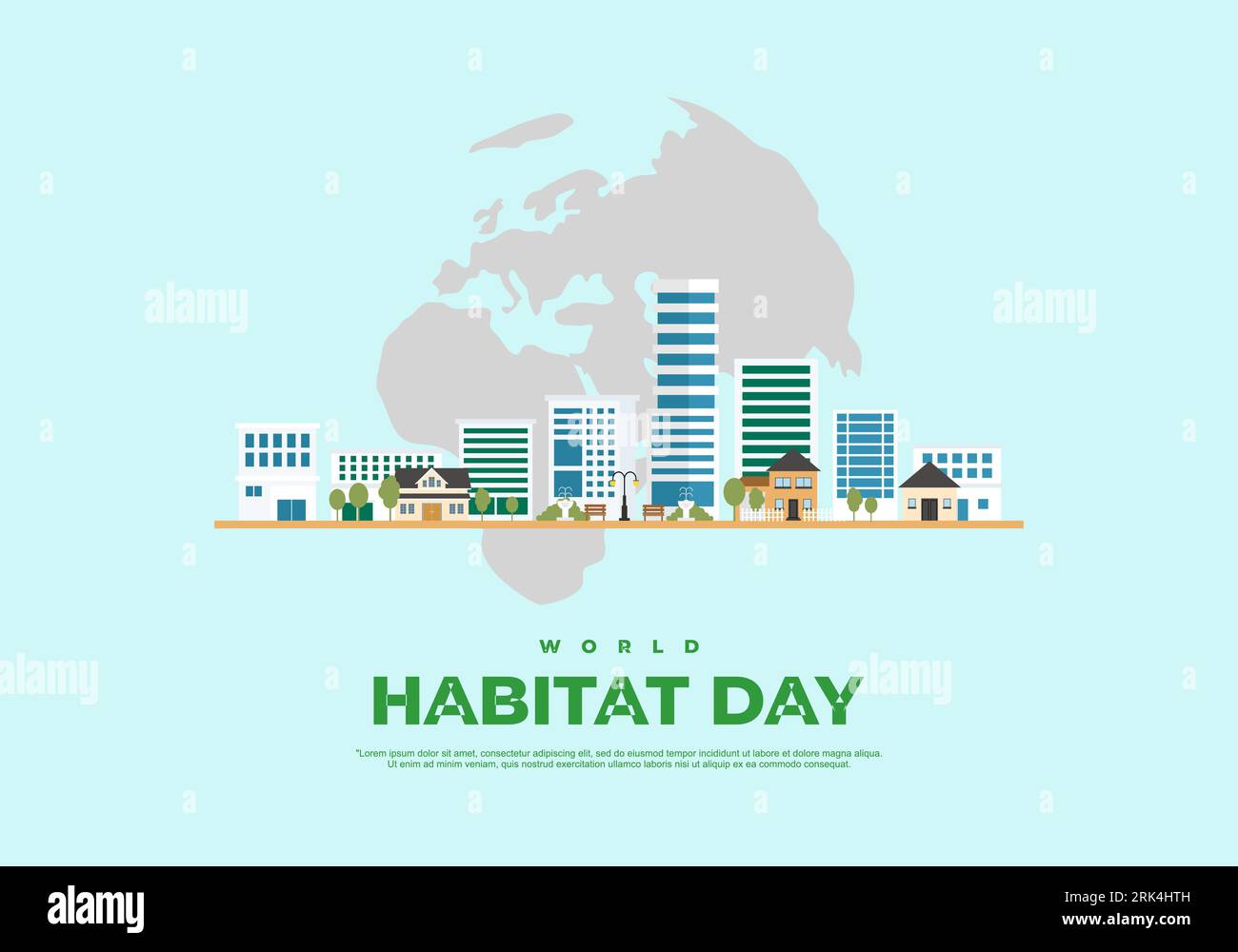World habitat day with sky scrapper and earth map isolated on blue ...