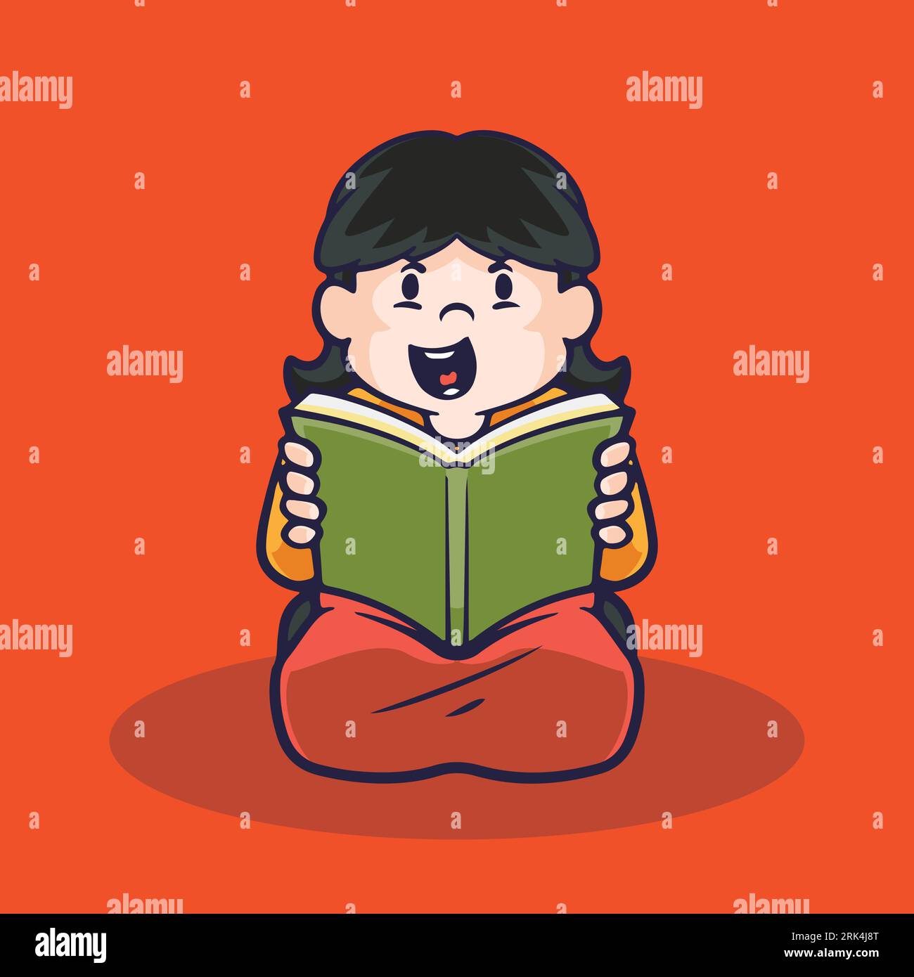 Hand drawn children cartoon activities of a girl reading book Stock ...