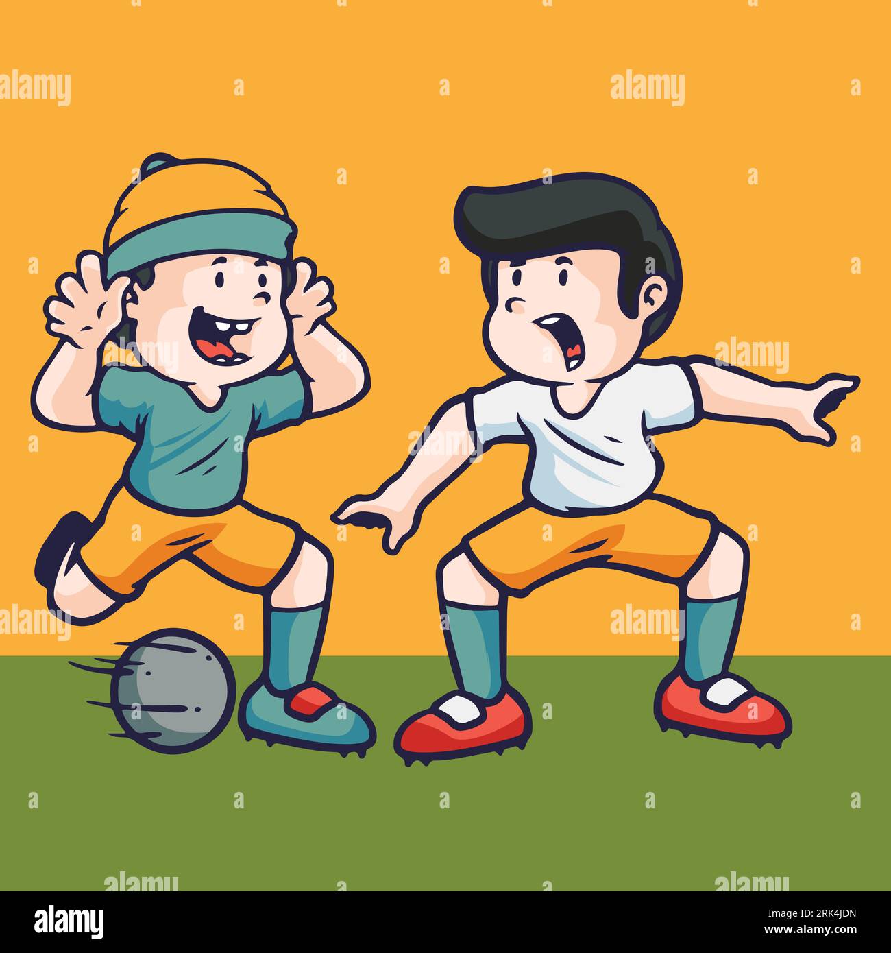 Hand drawn children cartoon activities of two boys playing football ...