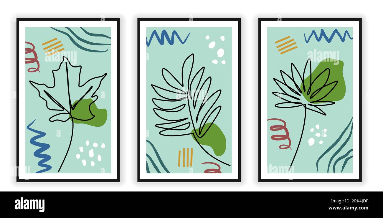 One line of three abstract floral posters isolated on white background ...