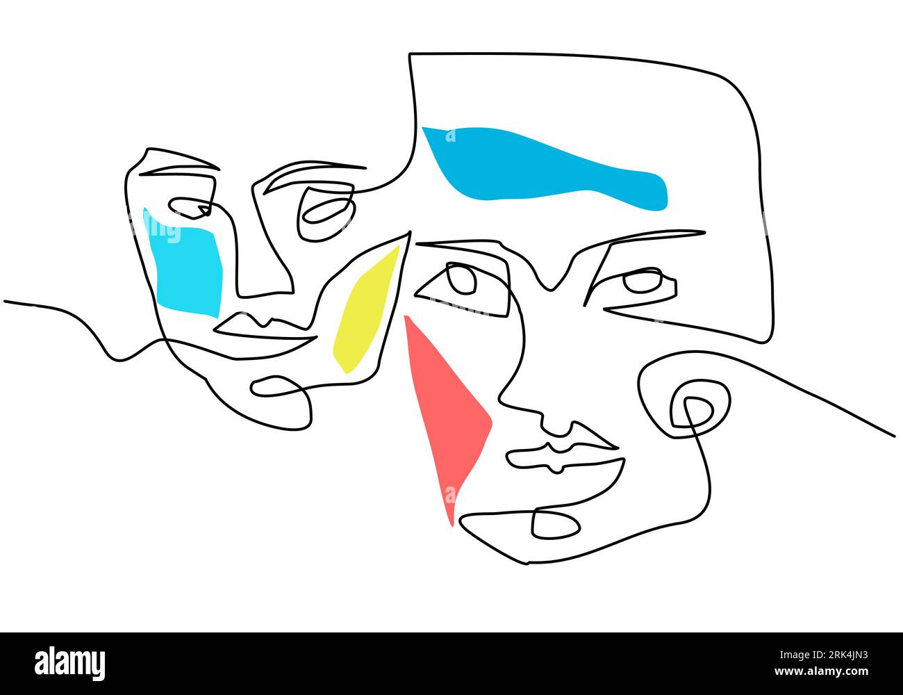 Hand drawing one line two surreal face isolated on white background ...