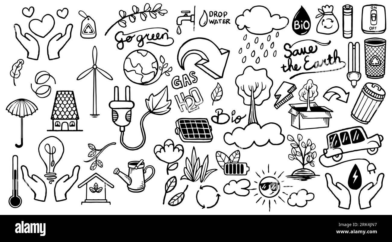 Hand drawn ecology doodle icon set of save earth isolated on white ...