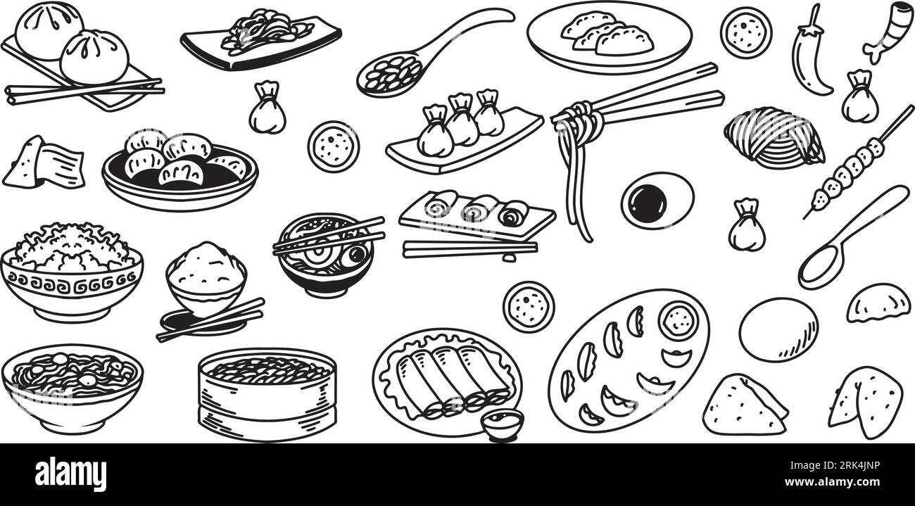 Hand drawing of chinese food set isolated on white background Stock ...