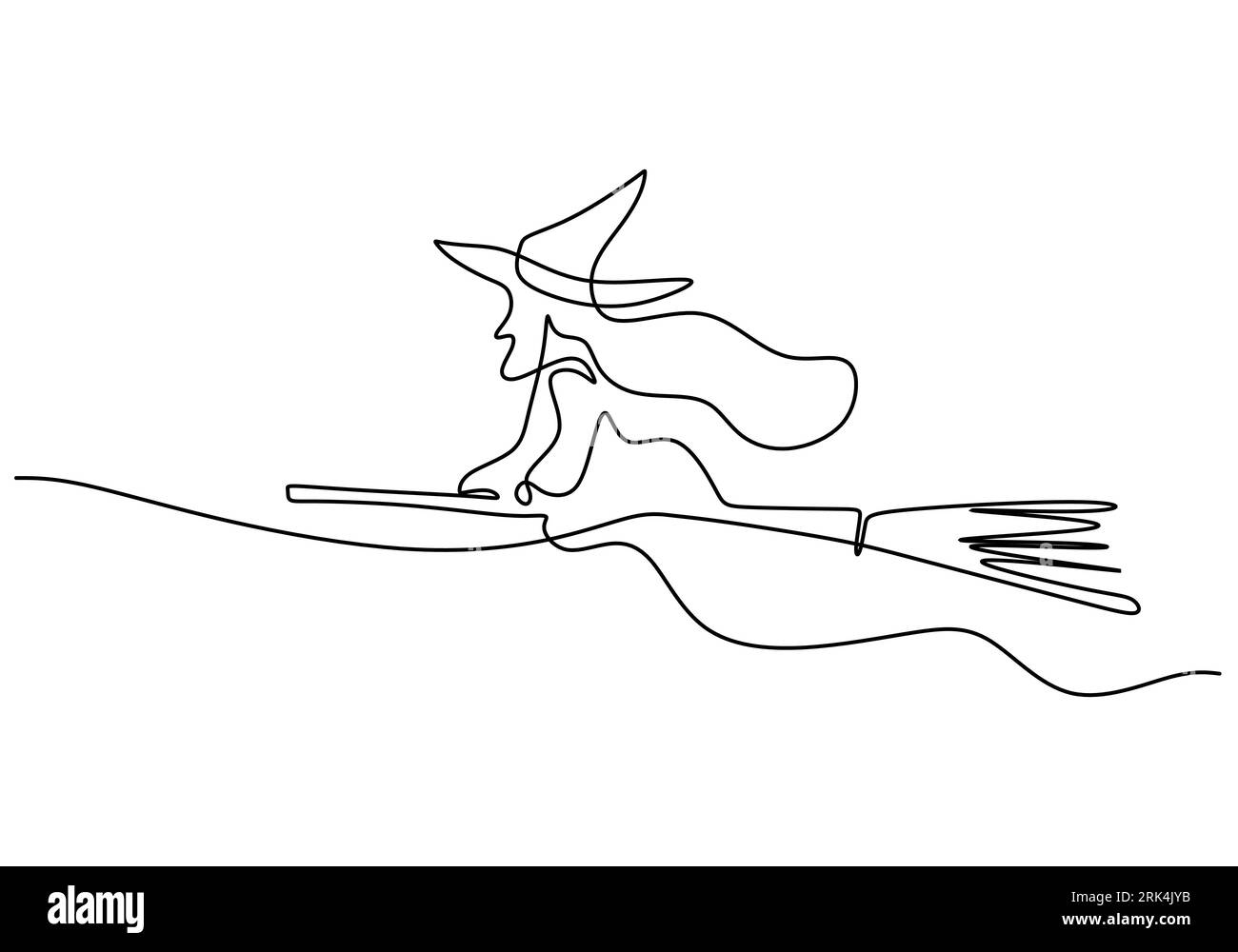 Hand drawing one line of flying witch isolated on white background ...