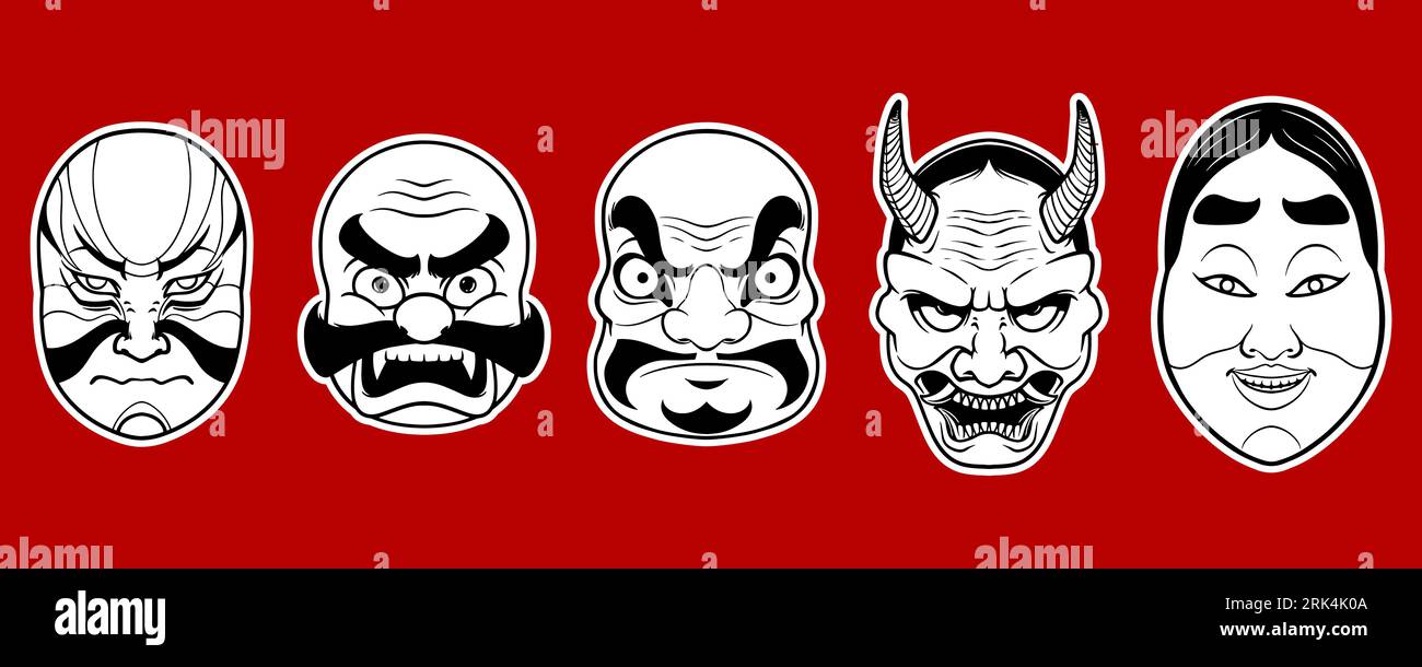 Five scary Japanese white traditional mask elements on red background ...