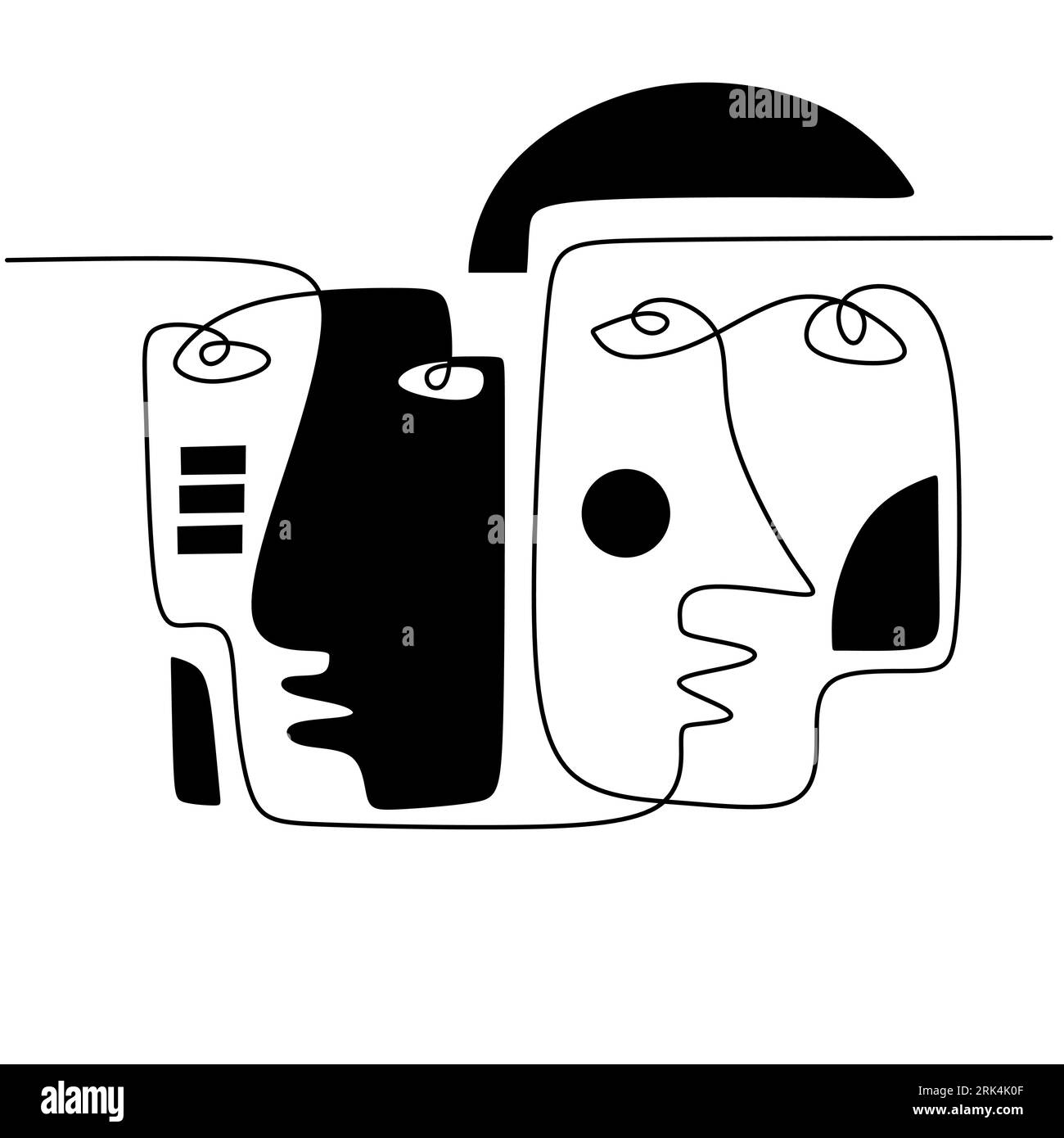 Hand drawing one line surreal primordial face isolated on white ...