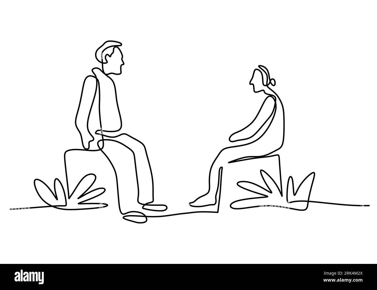 Hand drawing one line of couple talking isolated on white background ...