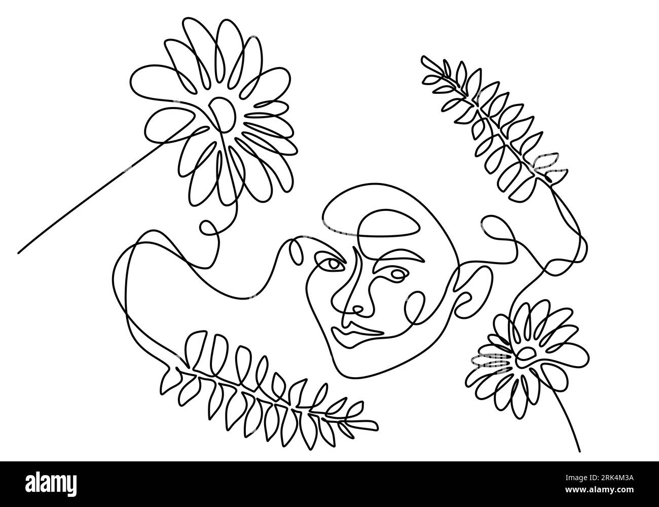 Hand drawing one line woman surreal face and flower isolated on white ...
