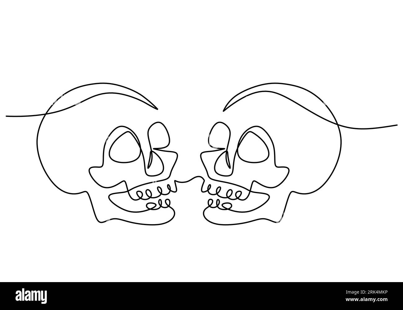 Hand drawing one line of two skull heads isolated on white background ...
