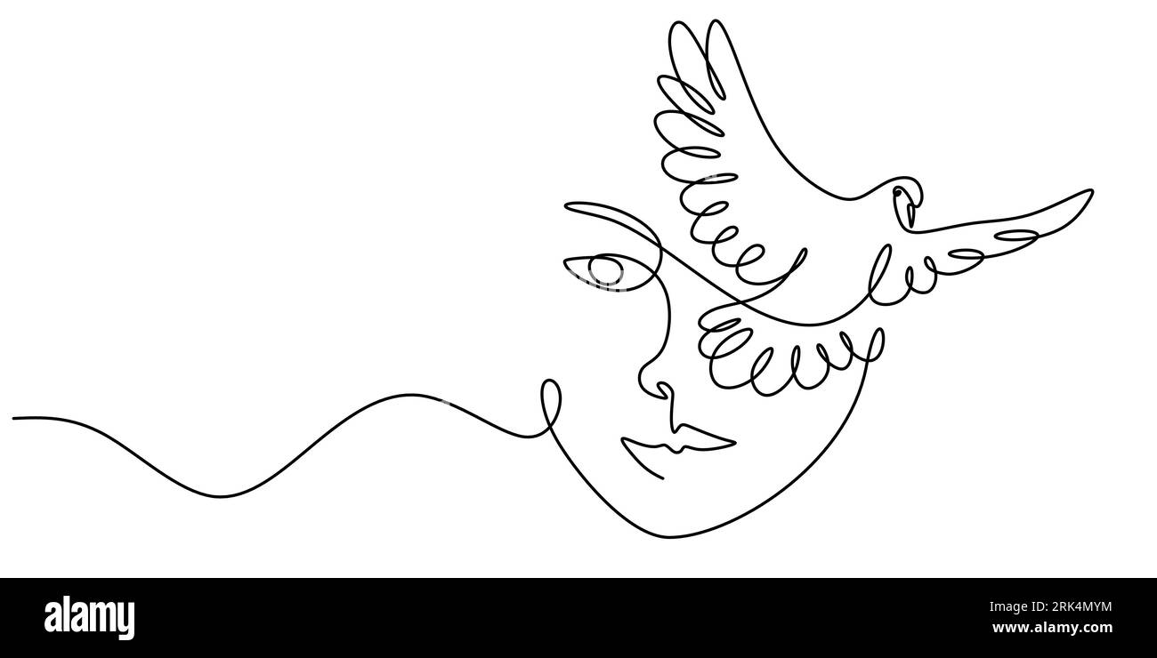 One line of face and bird isolated on white background. Hand drawing ...