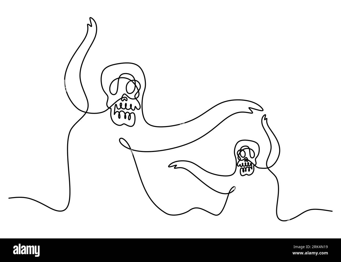 Hand drawing one line of two skull ghost isolated on white background ...