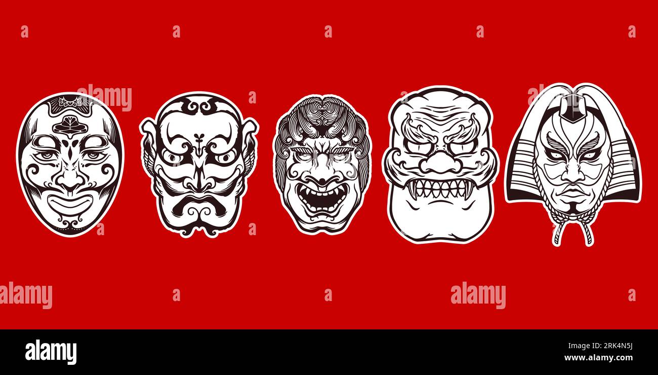 Hand drawn five white japanese traditional masks on red background ...