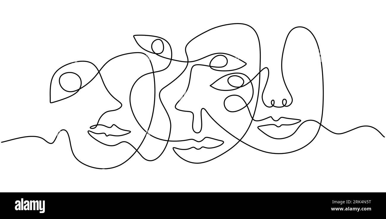 One line of abstract faces isolated on white background. Hand drawing ...