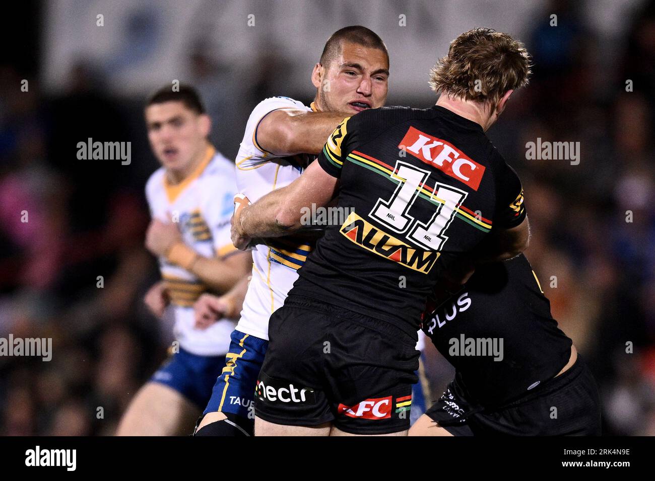 Sydney, Australia. 24th Aug, 2023. Wiremu Greig of the Eels is tackled ...