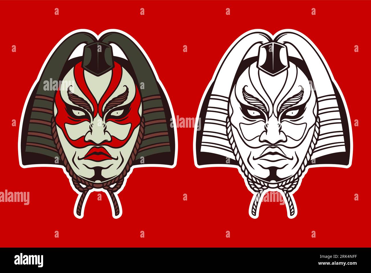 Hand drawn two reds white japanese traditional masks on red background ...