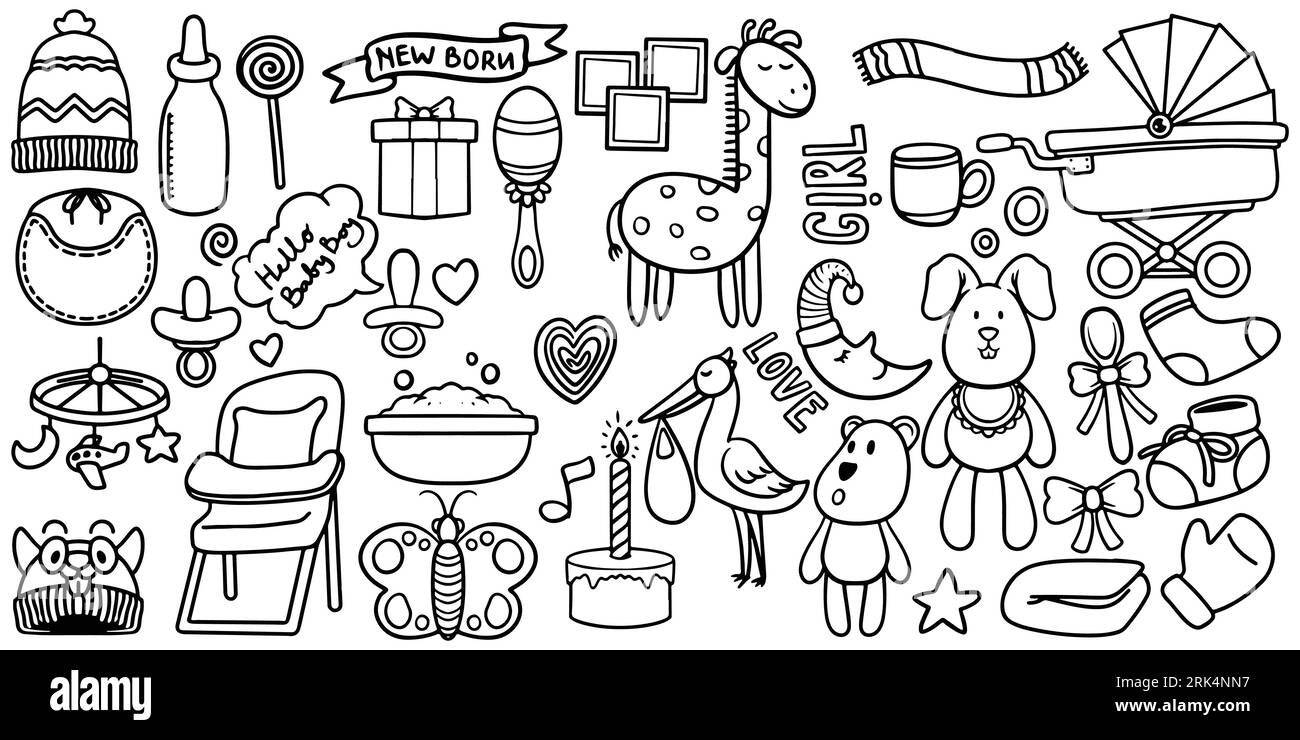 Hand drawn set of new born baby shower toys isolated on white ...