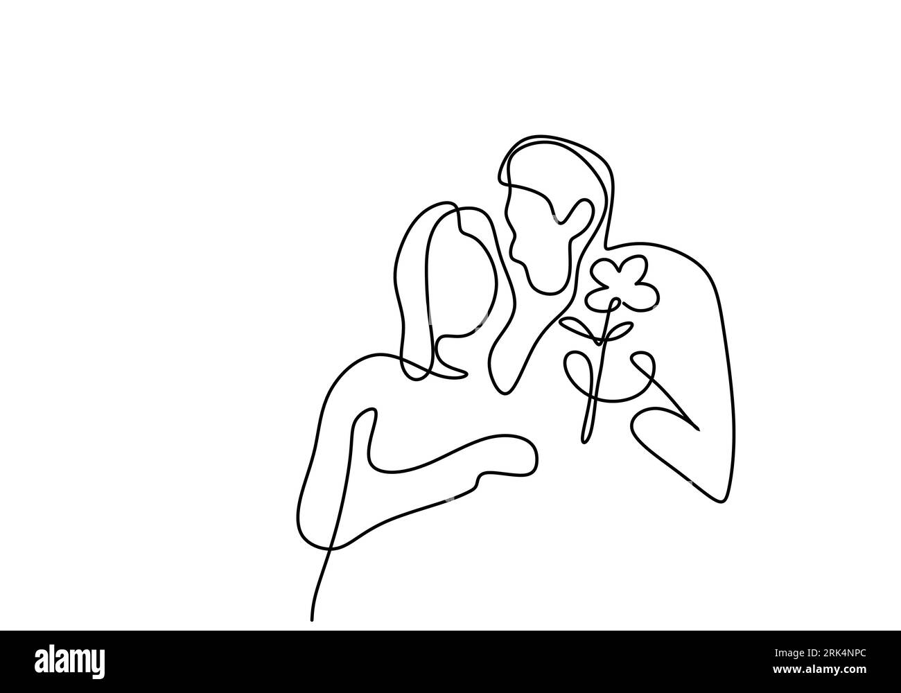 Hand drawing one line of couple hug with flower on white background ...