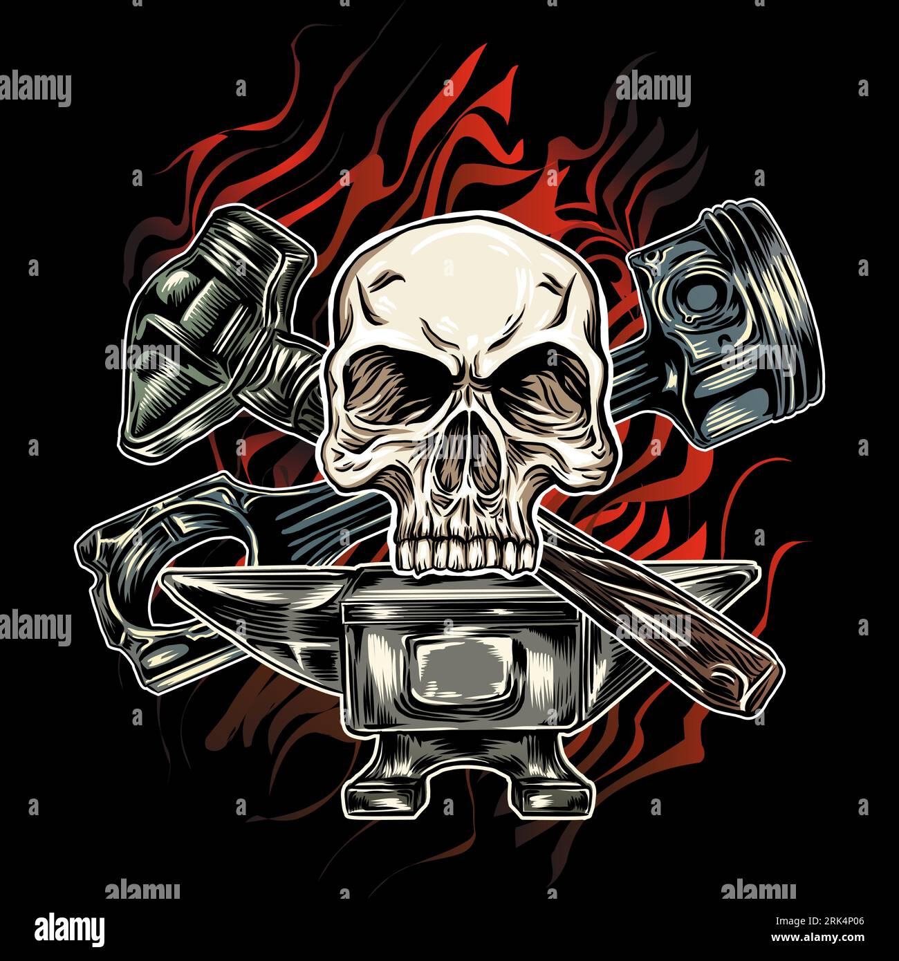 Skull with motorcycle piston and hammer, anvil, motorcycle repair ...