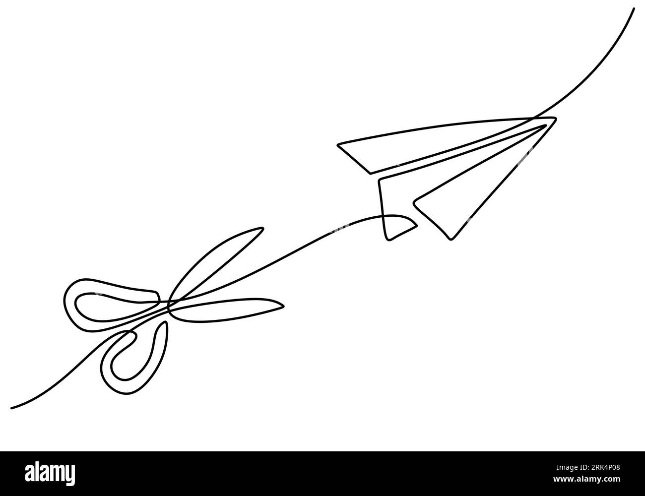 Hand drawing one single continuous line of scissors and paper plane ...