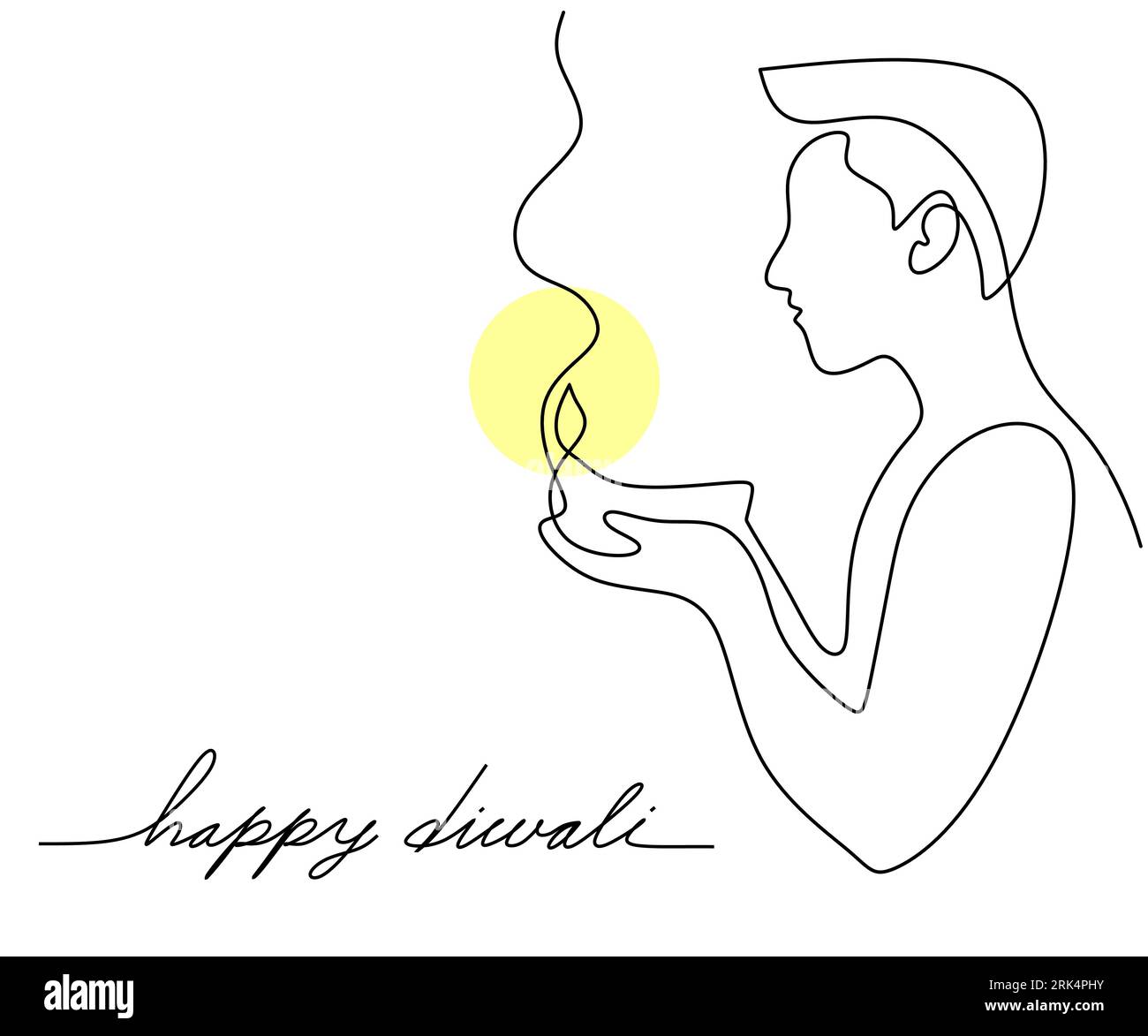 One line of man hold candle isolated on white background. Hand drawing ...