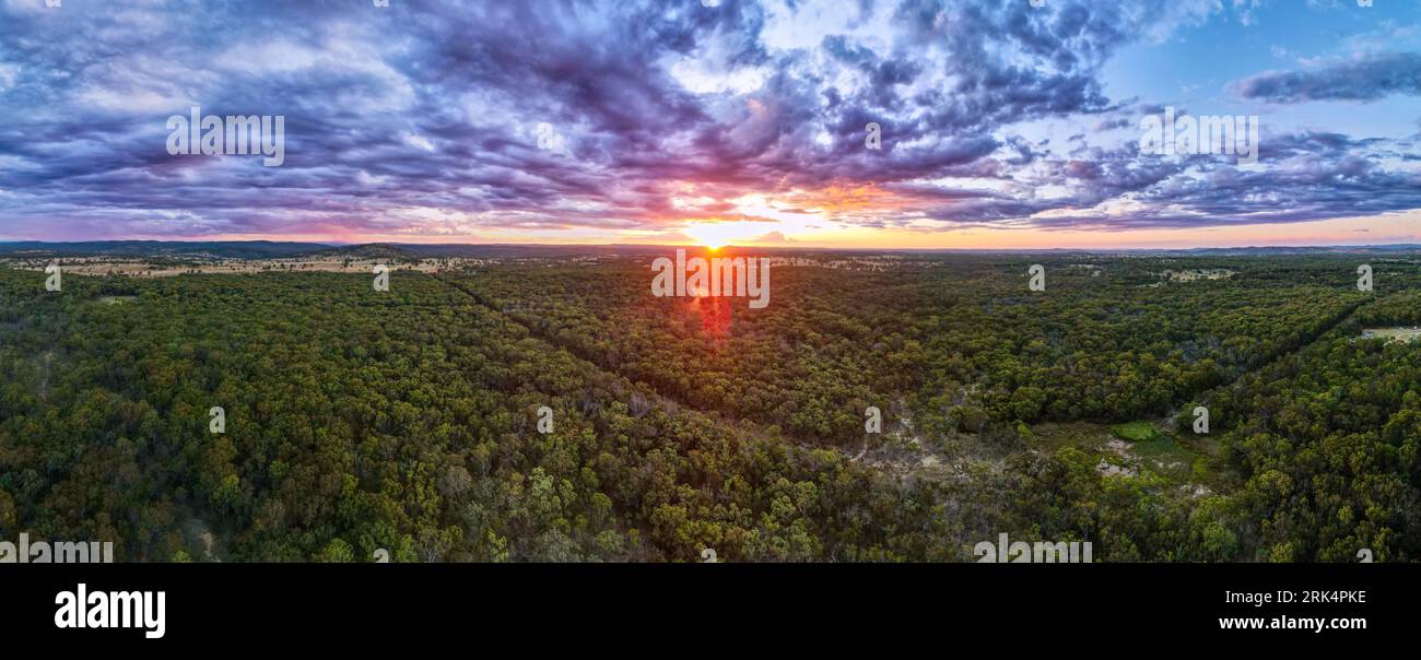 An aerial view of a stunning sunset over the bushland of New South ...