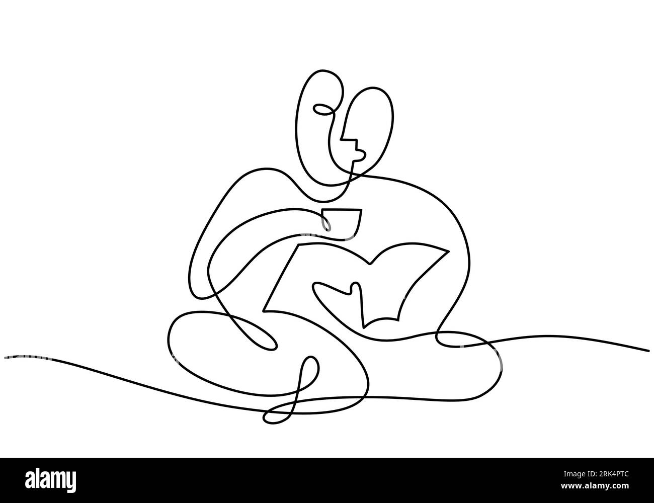 Hand drawing one line of man read book isolated on white background ...